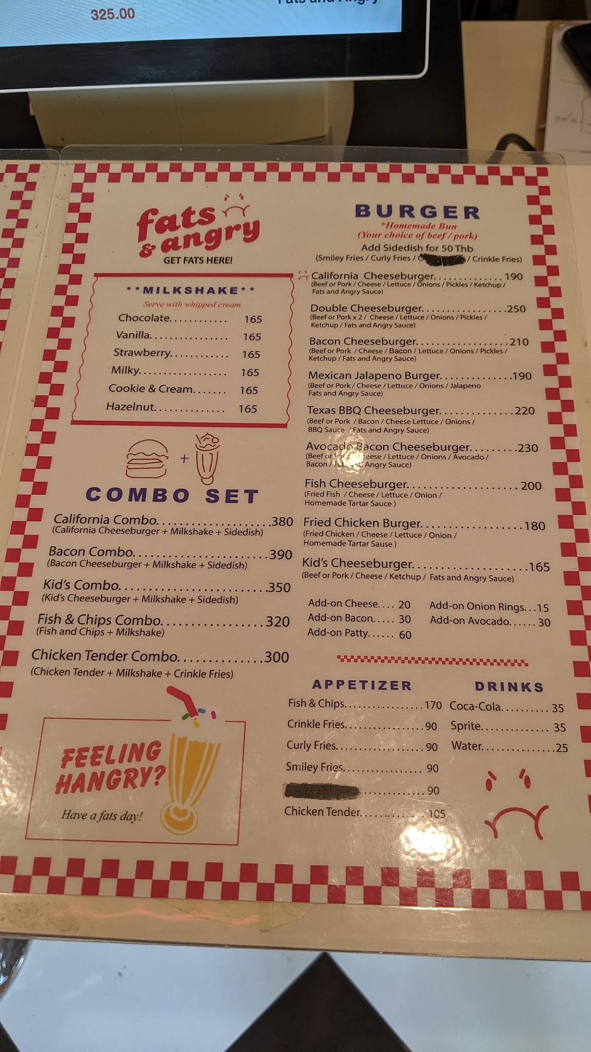 Menu at Fats and Angry Ari restaurant, Bangkok