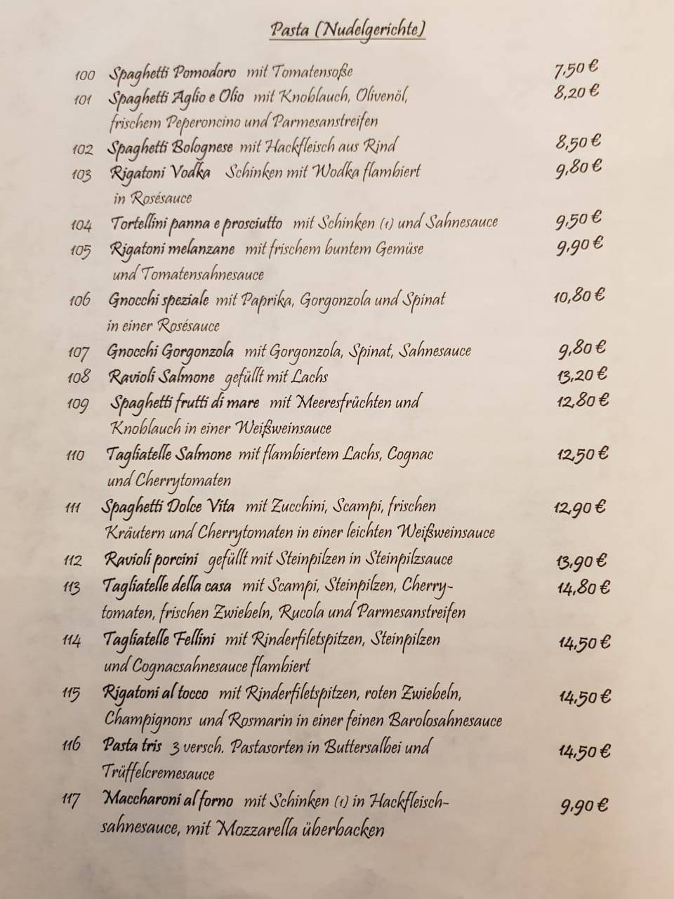 Menu at Fellini restaurant, Nagold