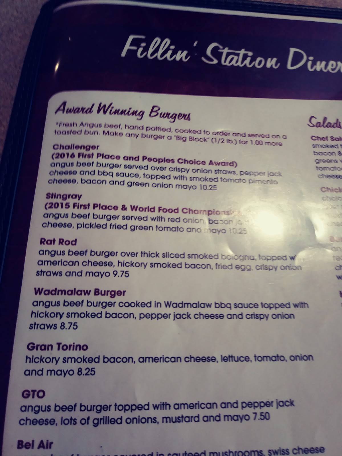 Menu at Fillin Station Diner restaurant, Hollywood