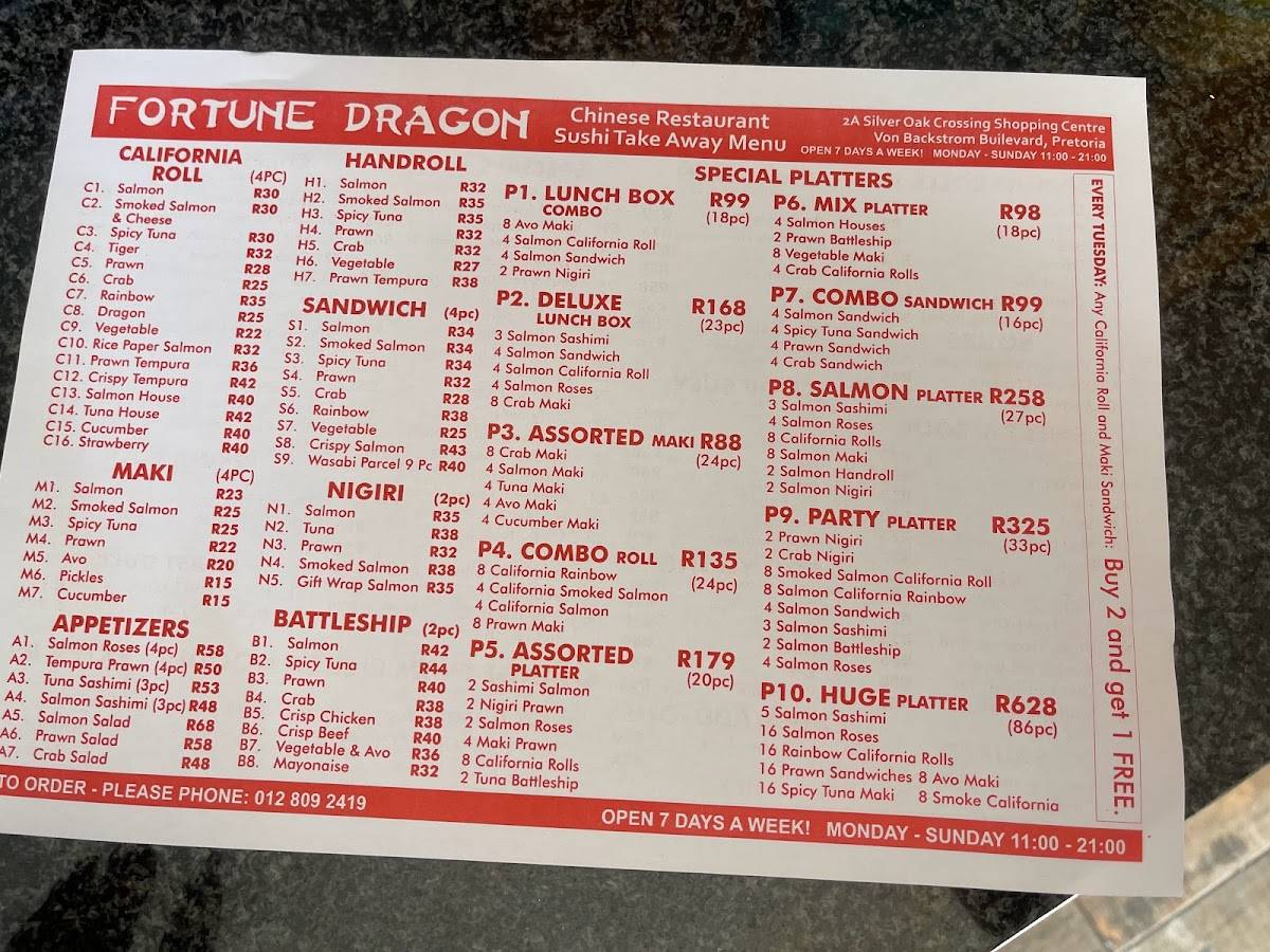 Menu at Fortune Dragon restaurant, Pretoria, Silver Oaks Crossing