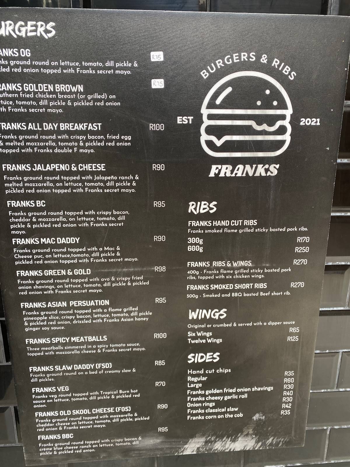 Speisekarte von Franks Burgers & Ribs Bryanston restaurant, Johannesburg