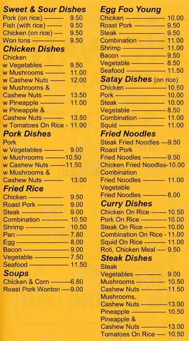 Menu at Fung Wah Takeaways restaurant, Wellington