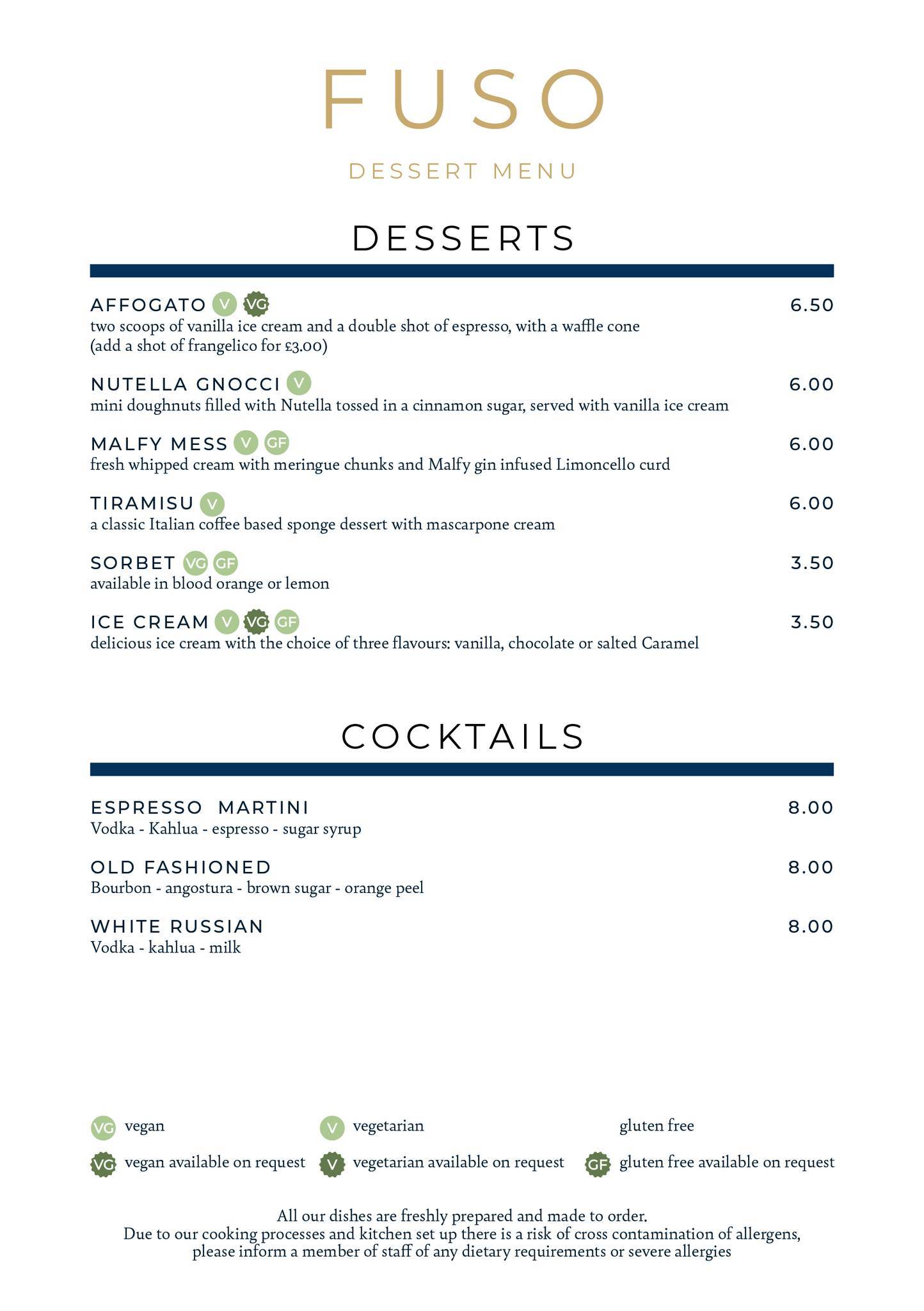 Menu at Fuso restaurant, Bromsgrove