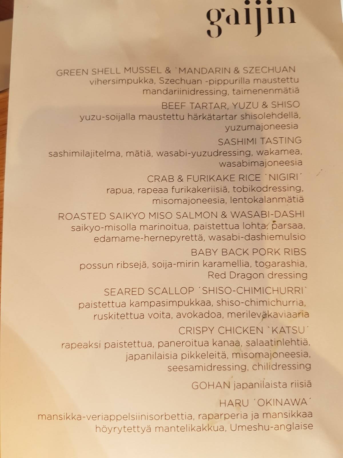 Menu at Restaurant Gaijin, Helsinki