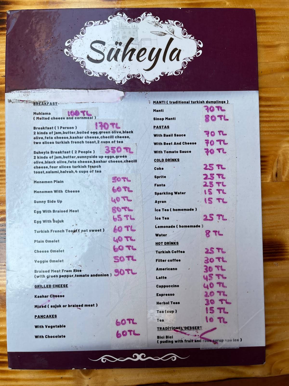 Menu at Galata Süheyla, Istanbul