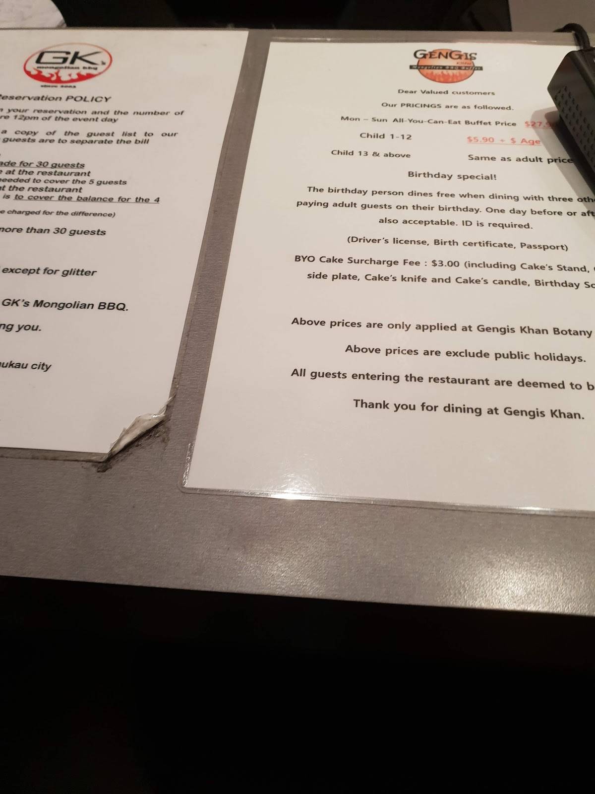 Menu at Genghis Khan restaurant, Auckland, 317 Ti Rakau Dr