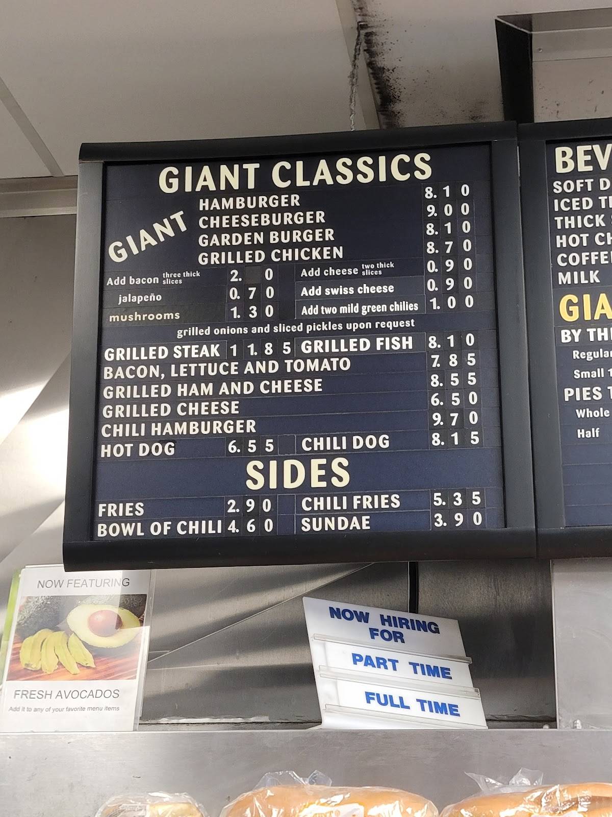 Menu at Giant Hamburgers restaurant, Mesa