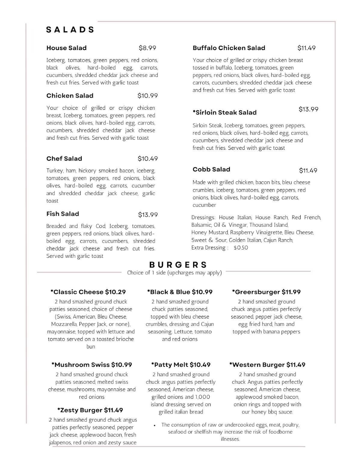 Menu at Greersburg Tavern restaurant, Darlington