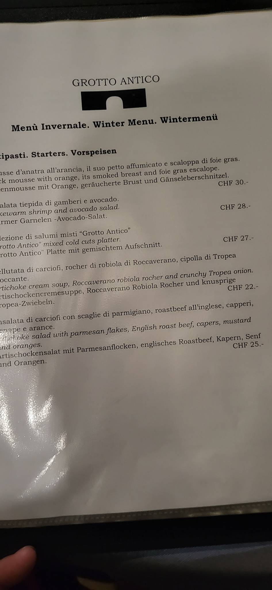 Menu da Grotto Antico, Bioggio