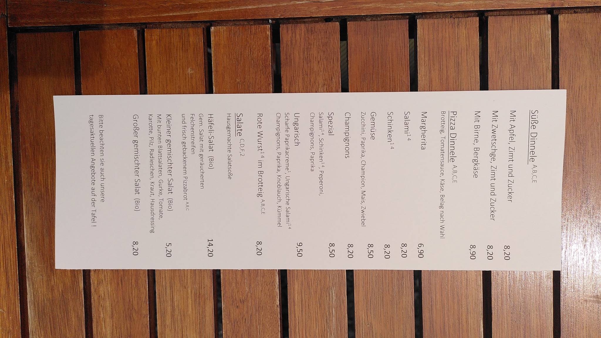 Menu at Häfeli restaurant, Uhldingen-Mühlhofen