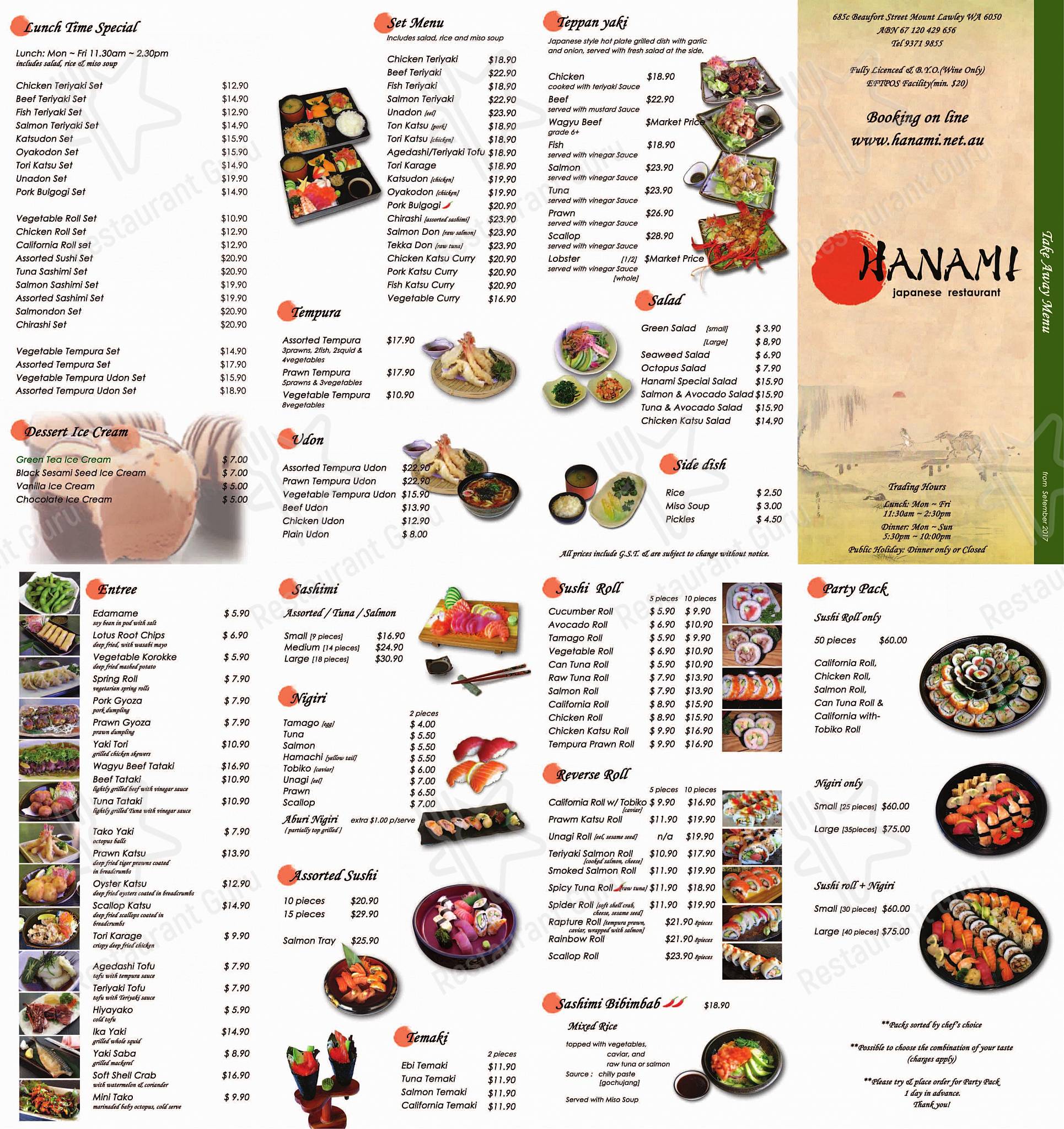 Menu at HANAMI Japanese Restaurant, Mount Lawley