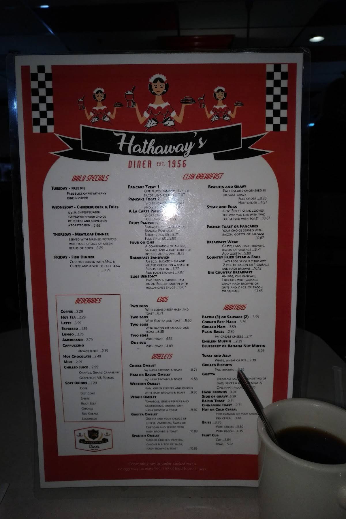Menu at Hathaway's Diner cafe, Cincinnati