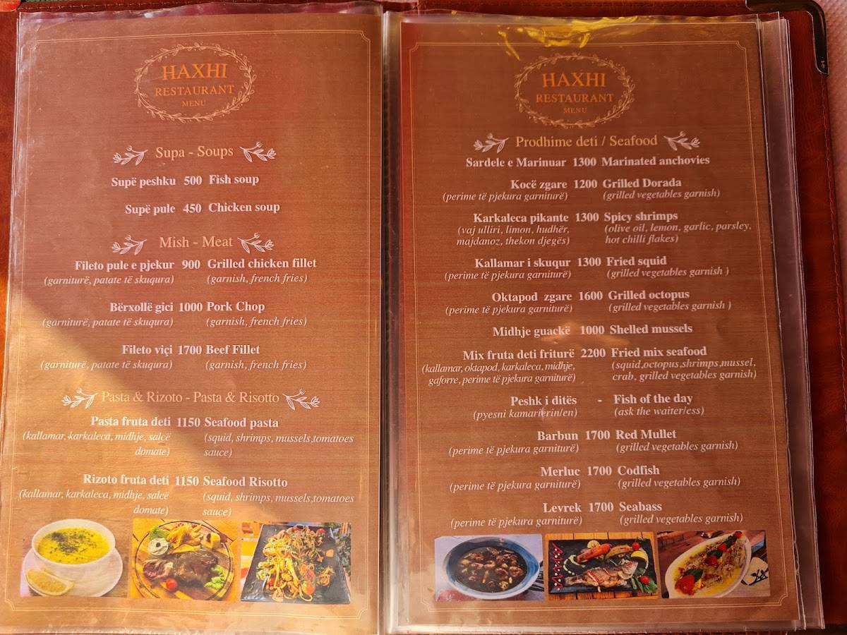 Menu at Haxhi restaurant, Sarandë, Rruga 40 Shenjtorët