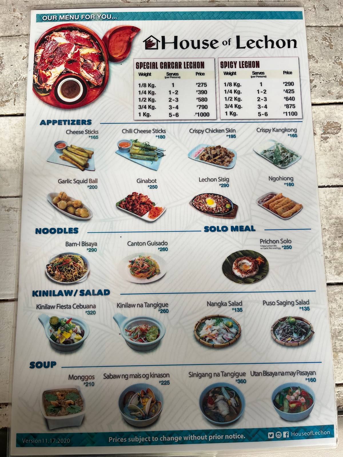 Menu at House of Lechon restaurant, Cebu City, Acacia St