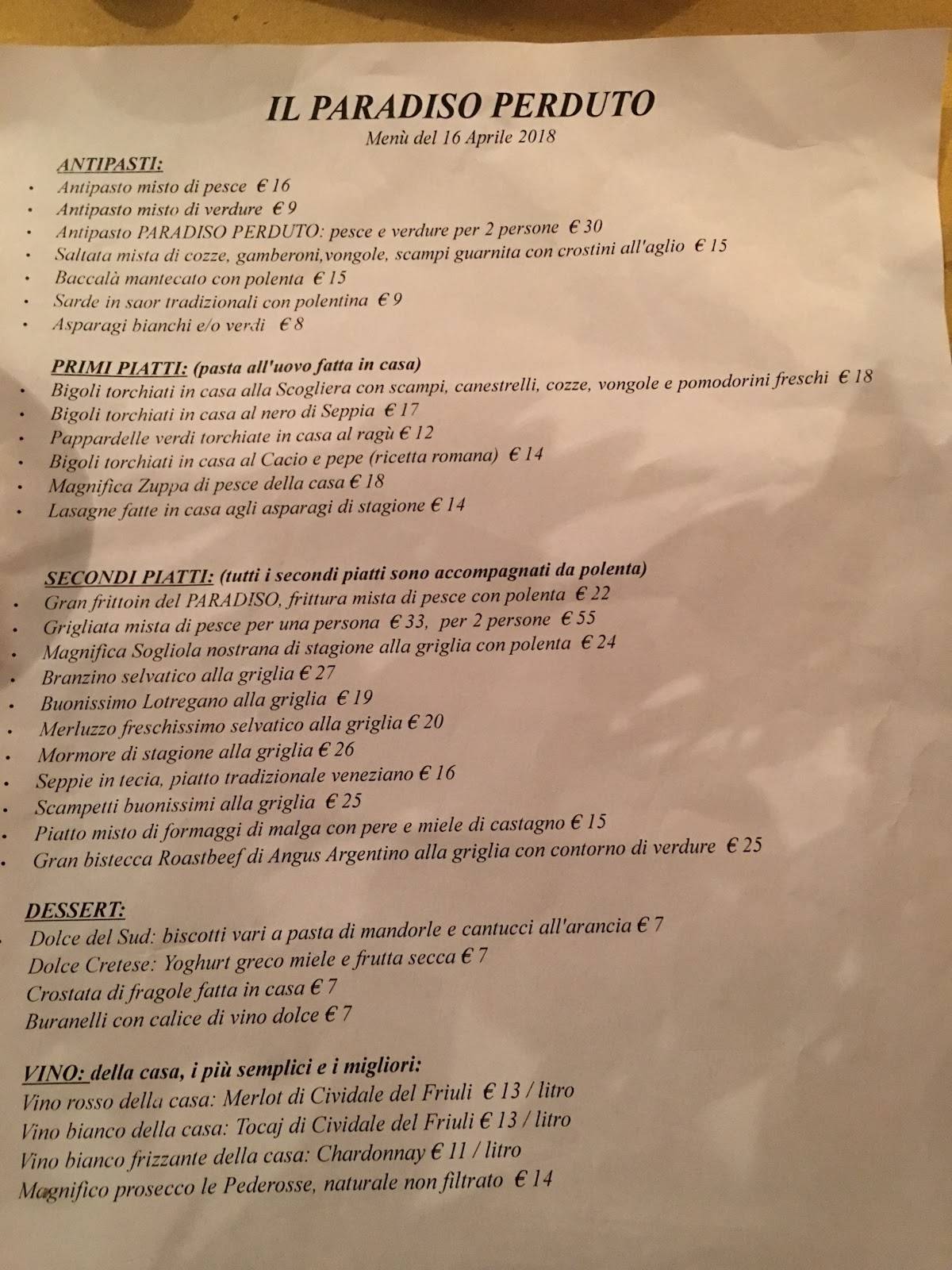 Menu at Il Paradiso Perduto restaurant, Venice