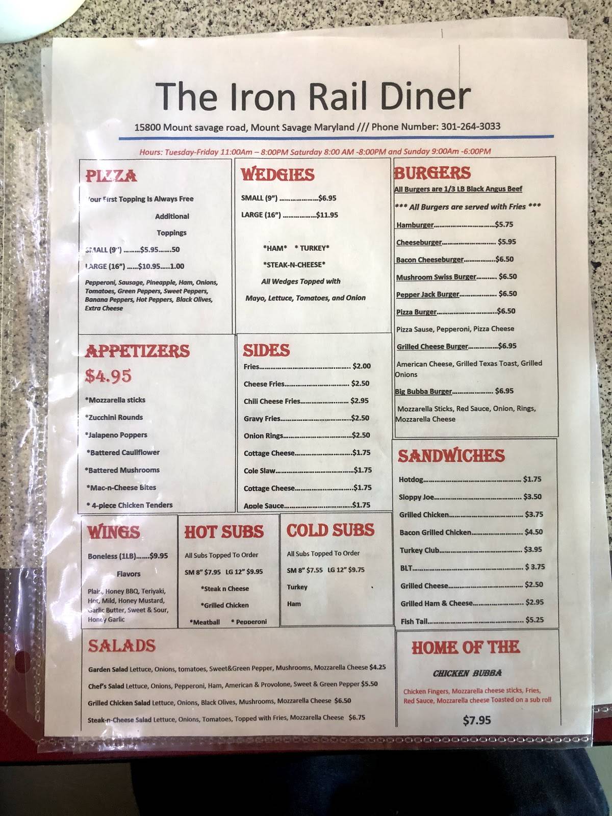 Menu at Iron Rail Diner restaurant, Mount Savage, Mt Savage Rd NW