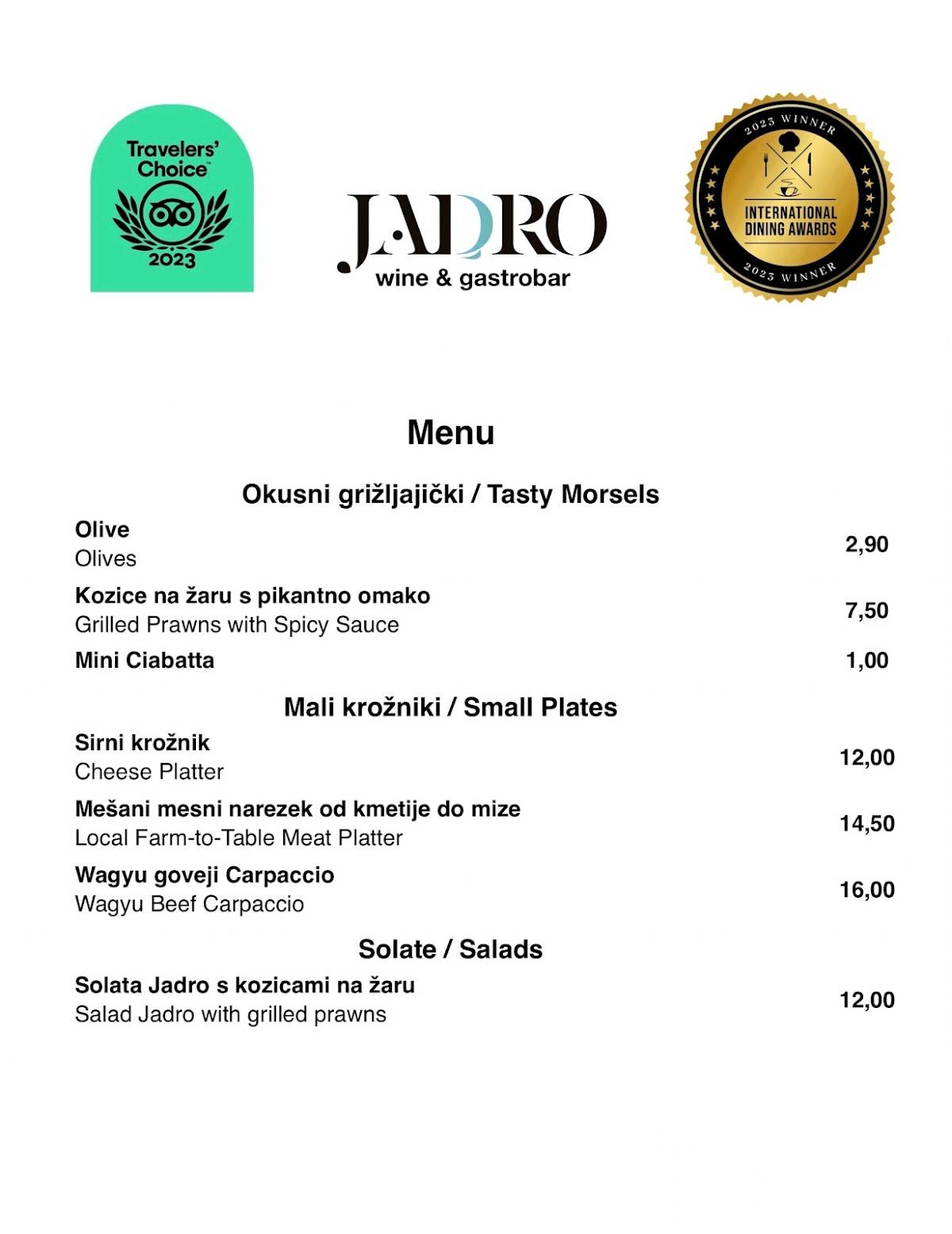 Menu at JADRO gastrobar, Ljubljana