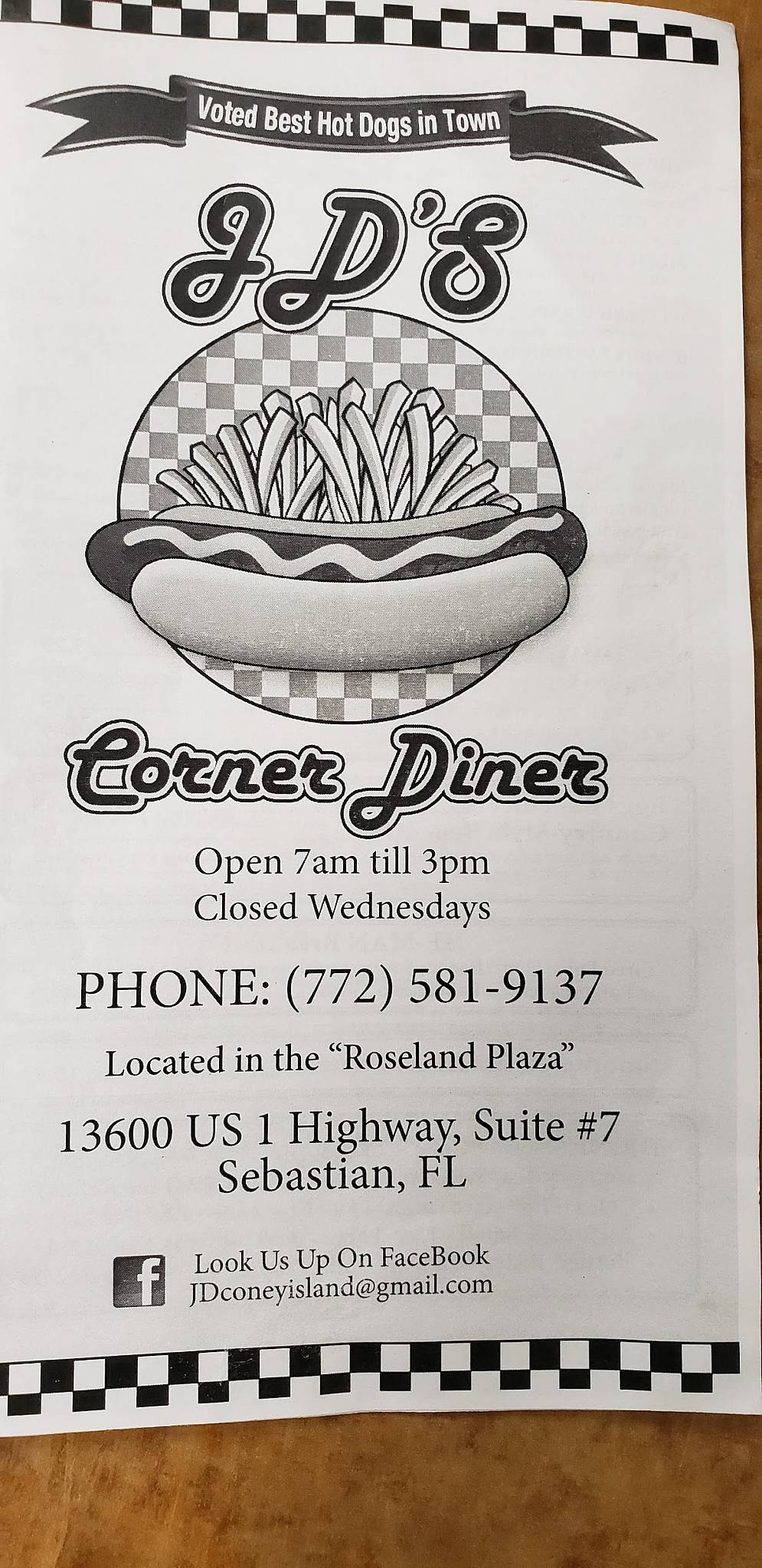 Menu at JT's Corner Diner restaurant, Sebastian