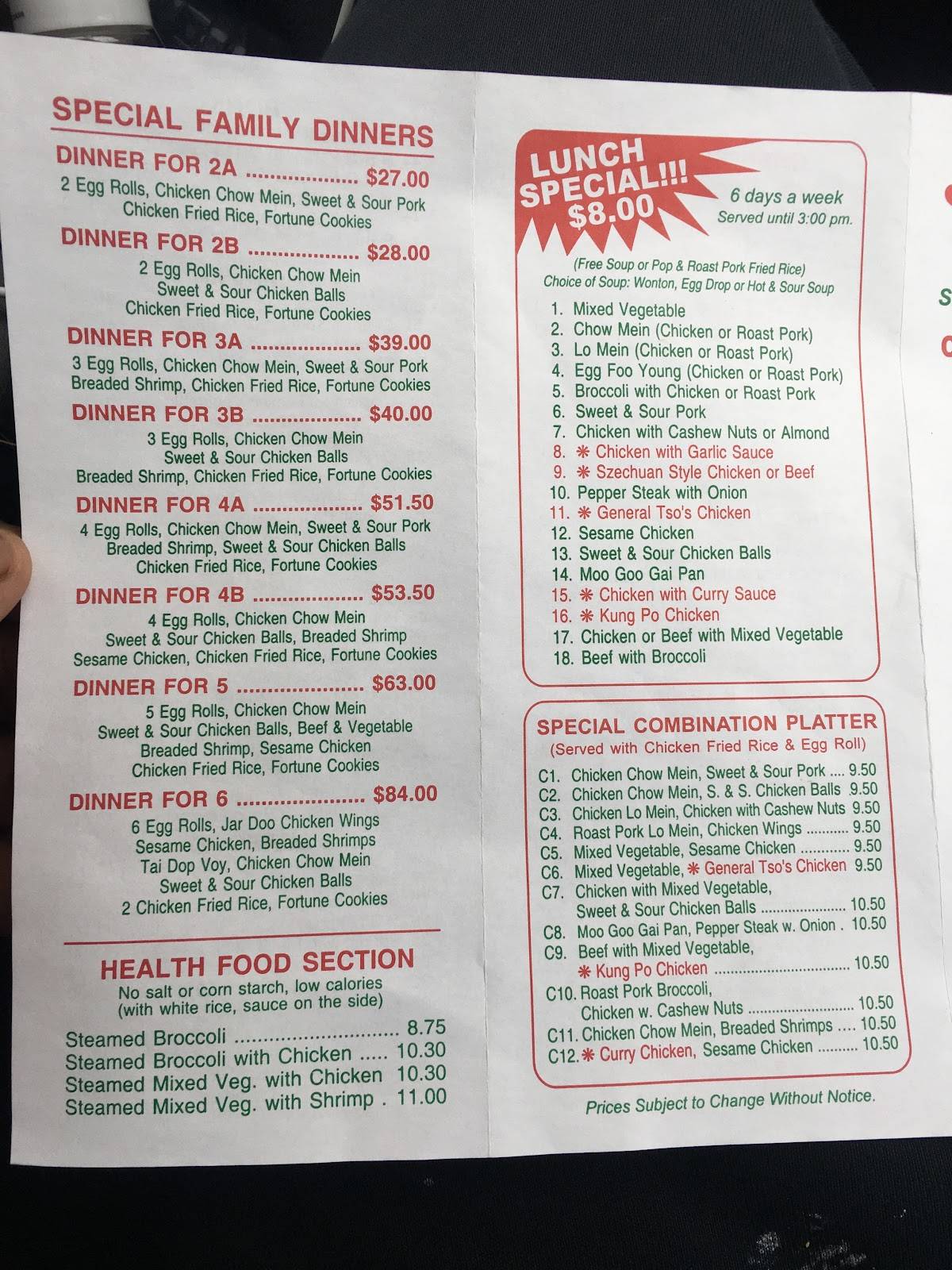 Menu at JT Restaurant, Caledonia