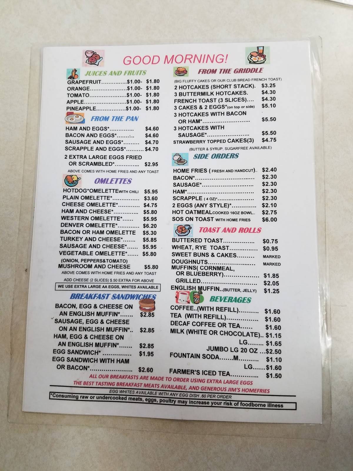 Menu at Jimmy's Quick Lunch restaurant, Hazleton
