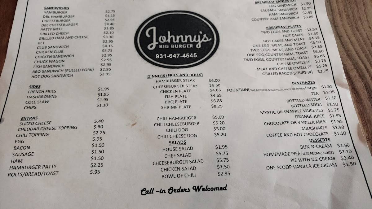 Menu at Johnny's Big Burger restaurant, Clarksville
