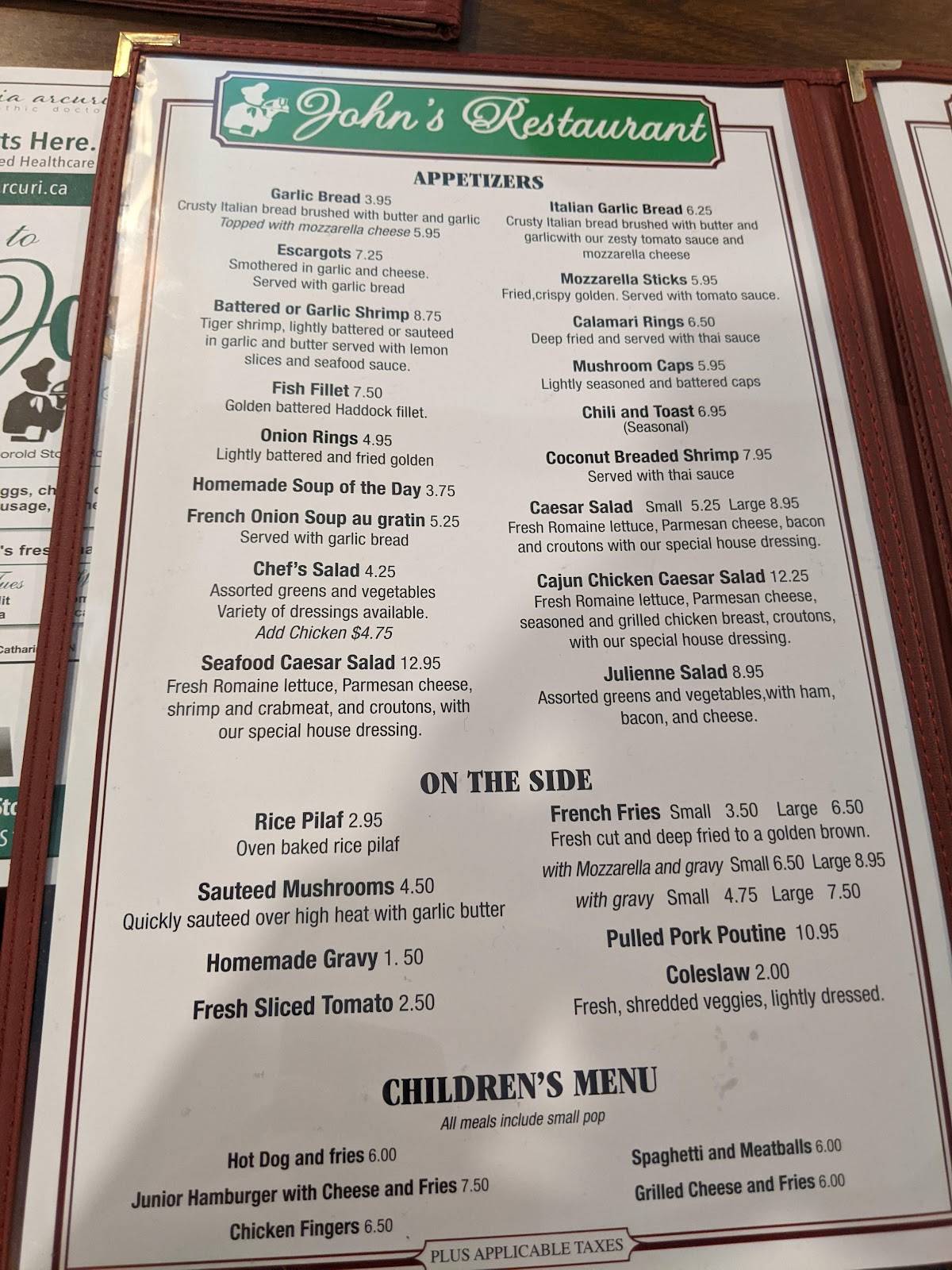 Menu at John's Restaurant, Niagara Falls