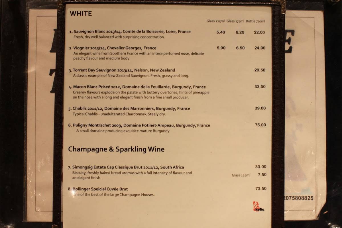 Menu at KOBA restaurant, London
