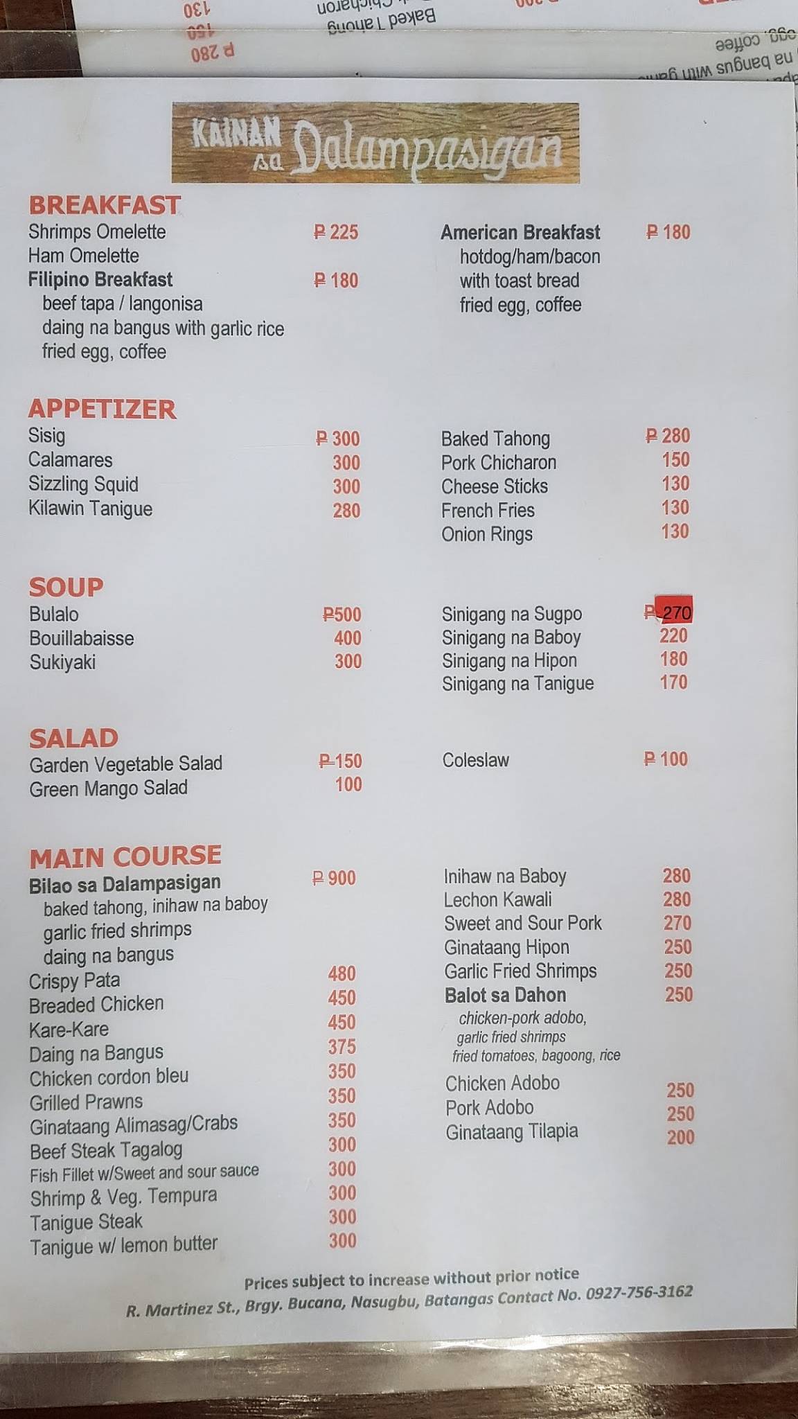 Menu at Kainan sa Dalampasigan restaurant, Nasugbu