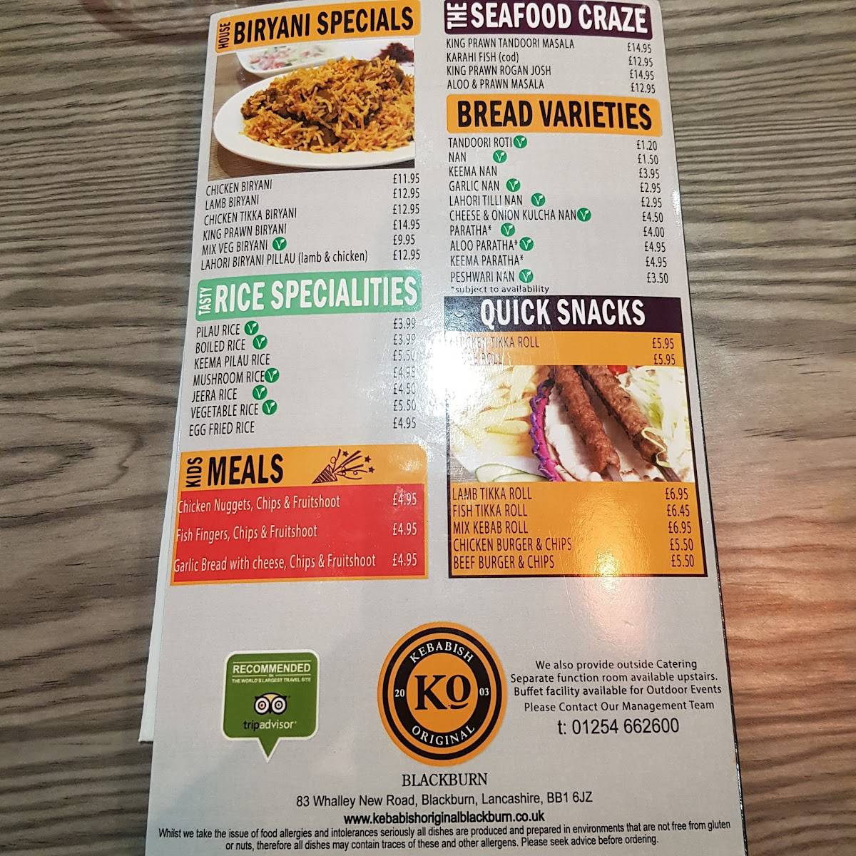 Menu at Kebabish Original Blackburn restaurant, Blackburn