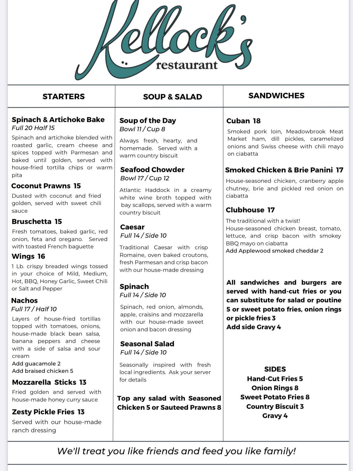 Menu at Kellocks Restaurant, Berwick