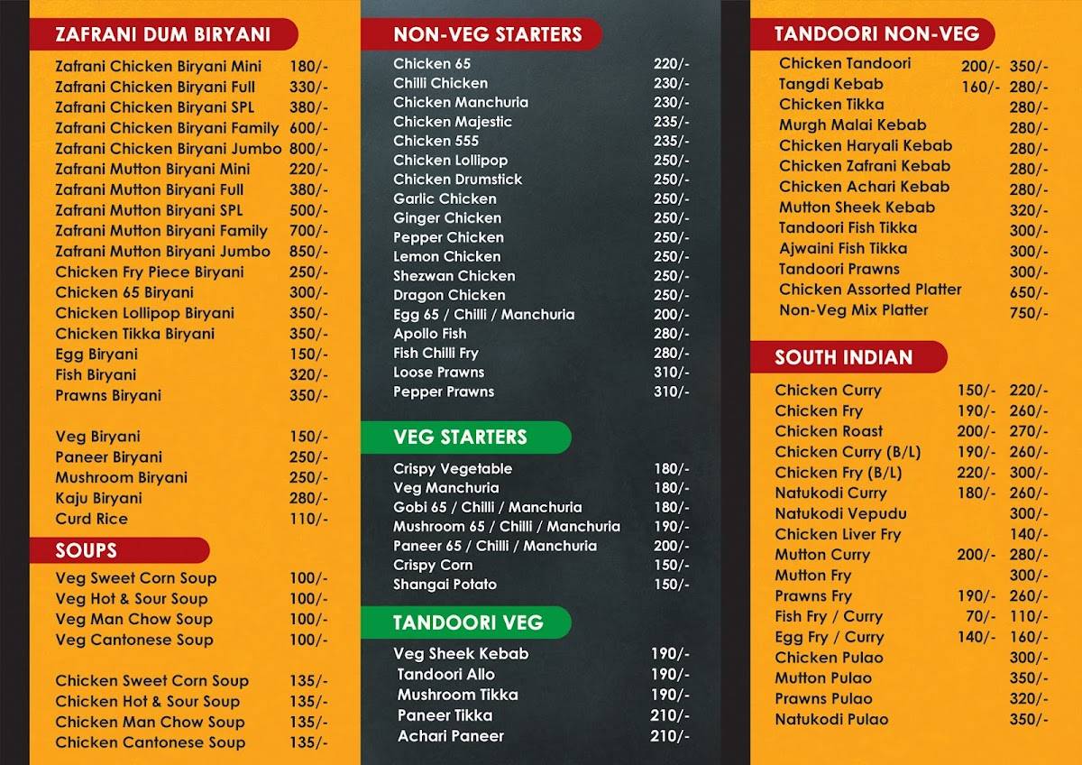Menu at Kohenur Restaurant, Hyderabad