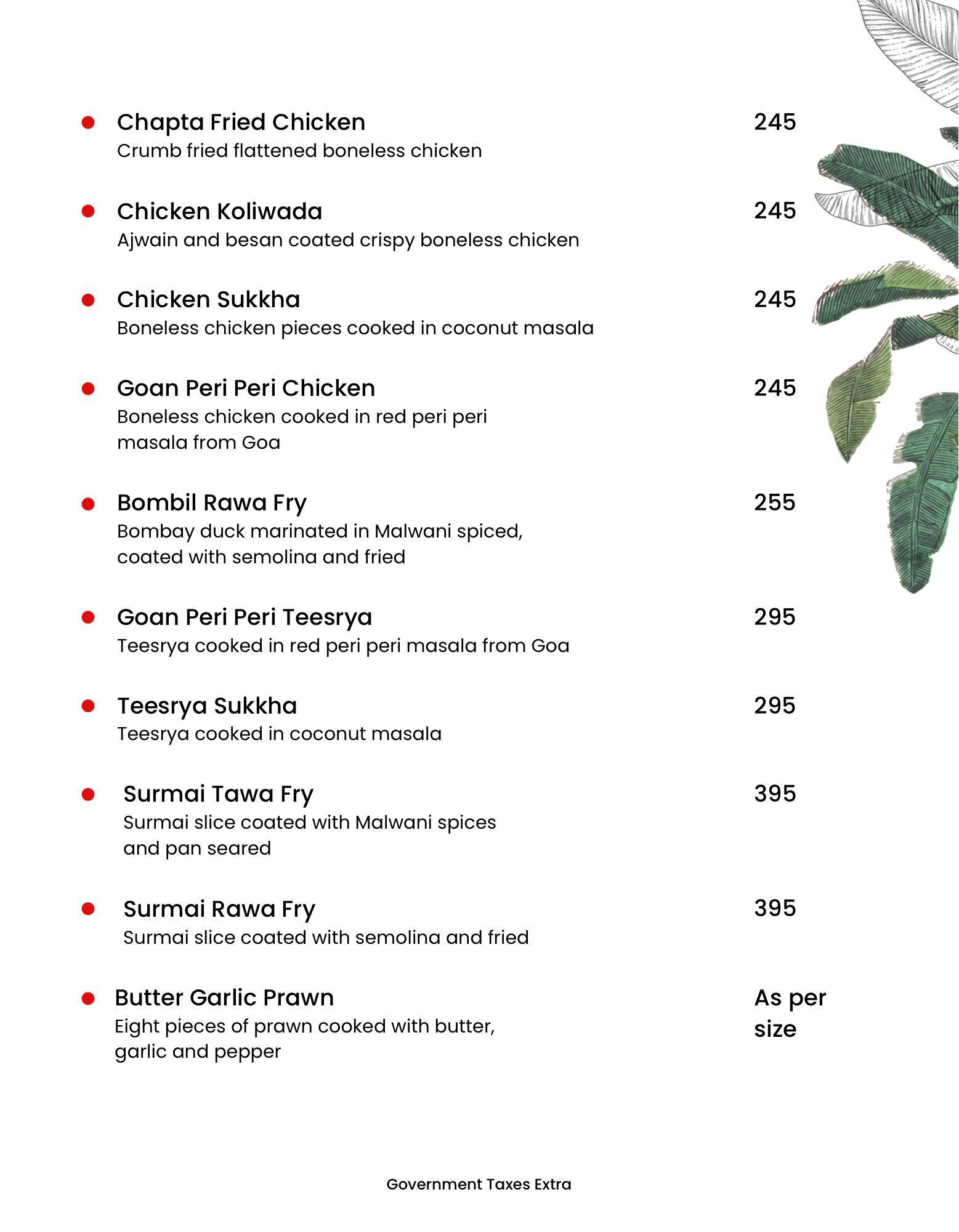 Menu at Kokum, Vasai