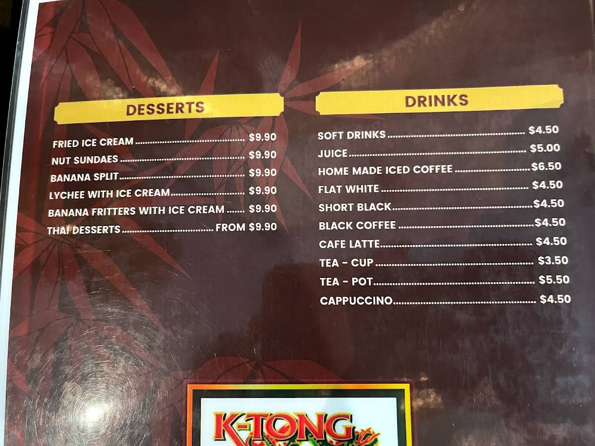 Menu at Ktong restaurant, Palmerston City