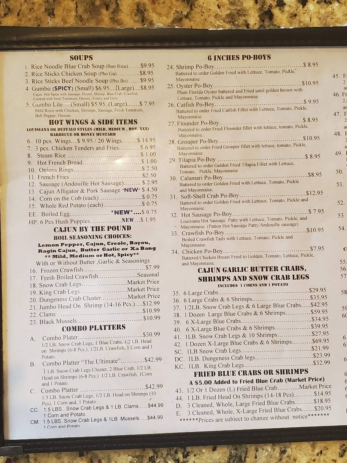 Menu at LA. Boiling Seafood Crab & Crawfish restaurant, Orlando