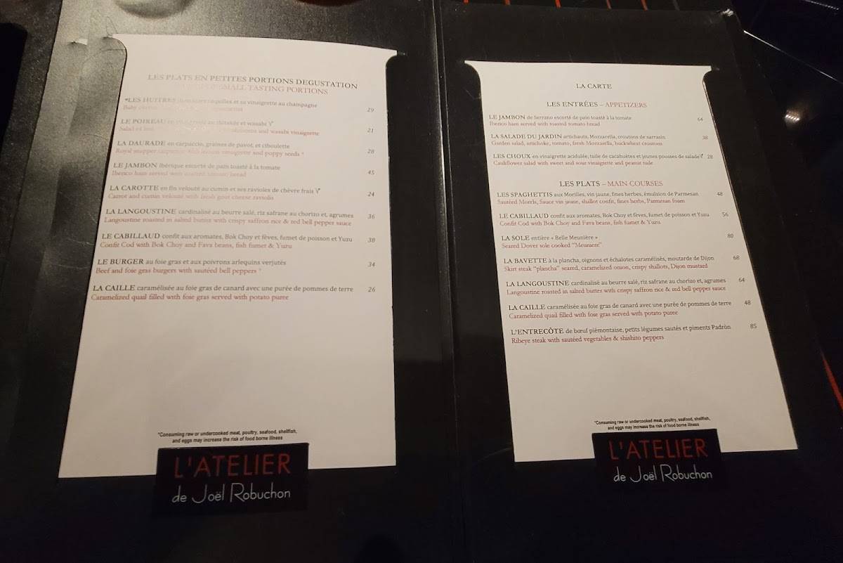 Menu at L'Atelier restaurant, Las Vegas