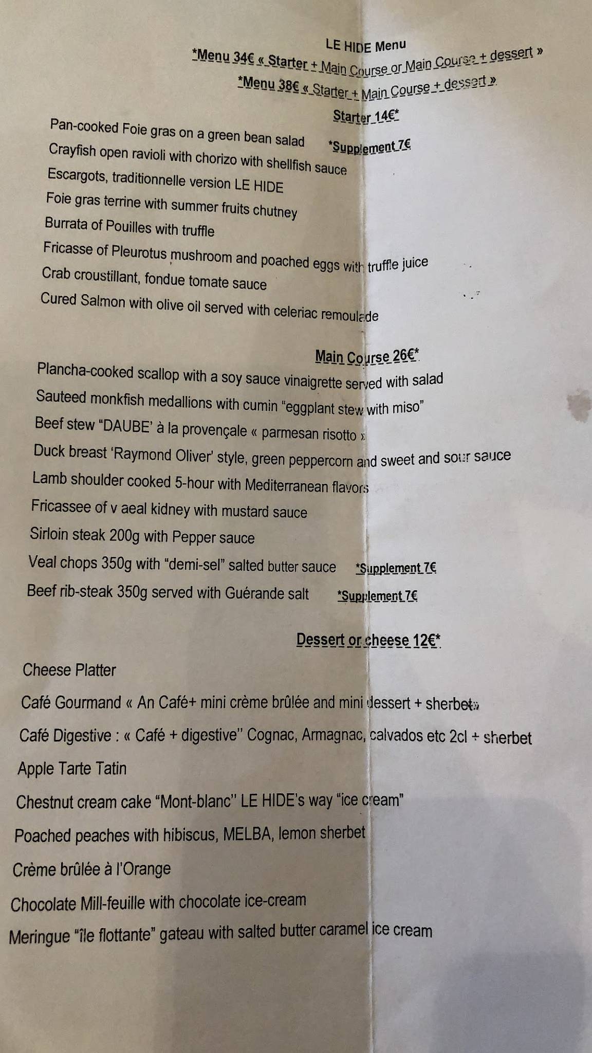 Menu au LE HIDE restaurant, Paris