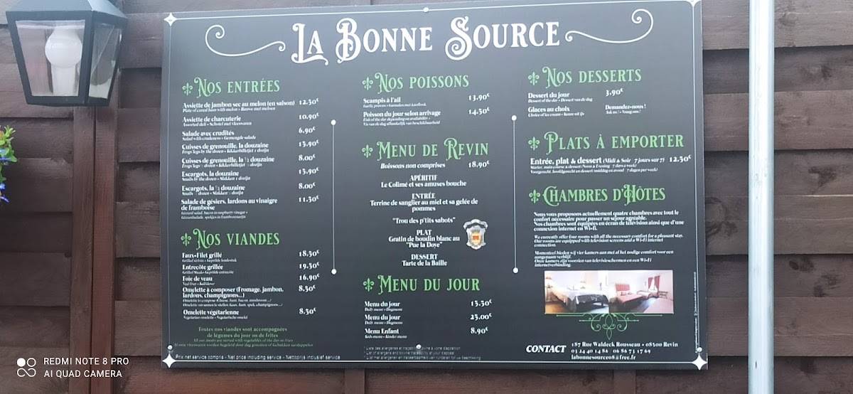 Menu au La bonne source restaurant, Revin
