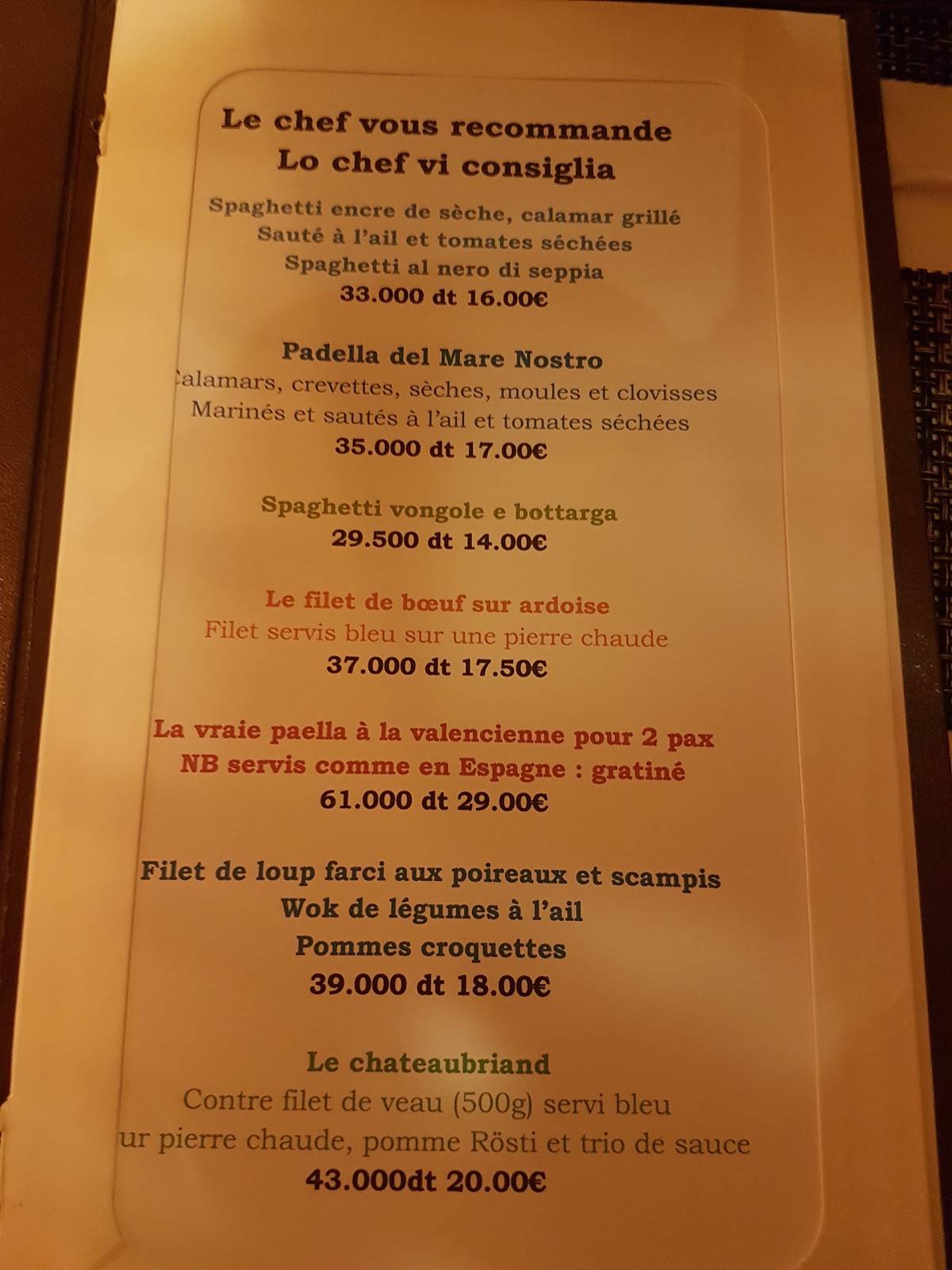 Menu at La Bottega restaurant, Mégrine, 20 Av. Habib Bourguiba