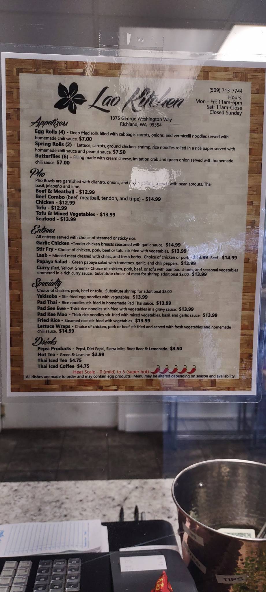 Menu at Lao Kitchen Restaurant, Richland, George Washington Way