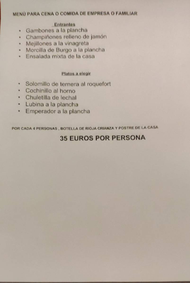 Menu at Las Tejas restaurant, Madrid