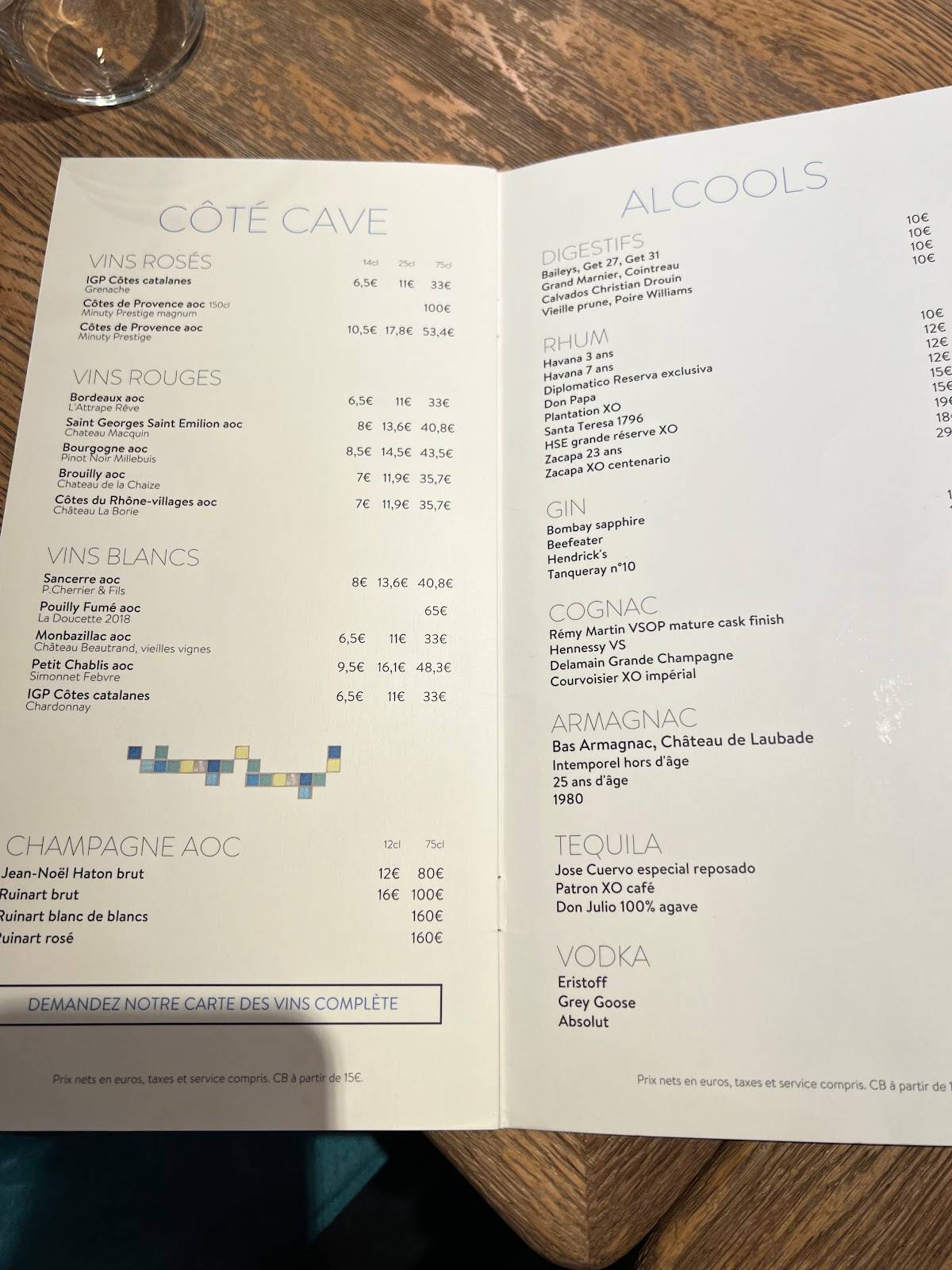 Menu au Le Oken restaurant, Paris