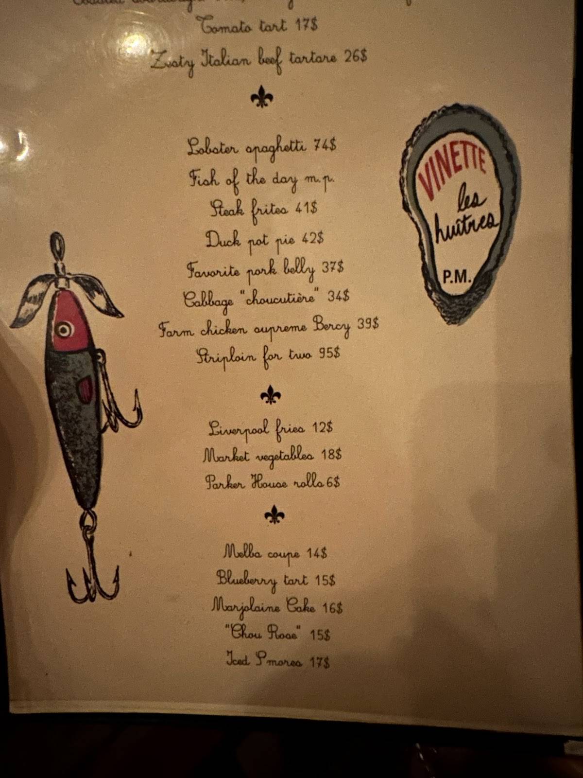 Menu at Liverpool House restaurant, Montréal