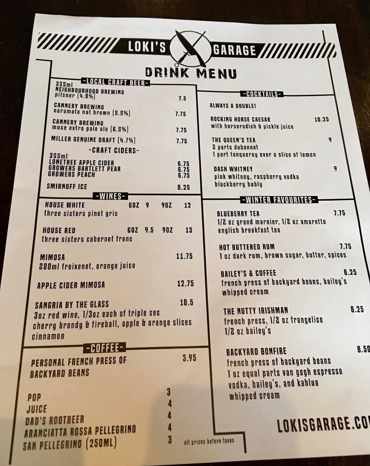 Menu at Loki's Garage restaurant, Penticton