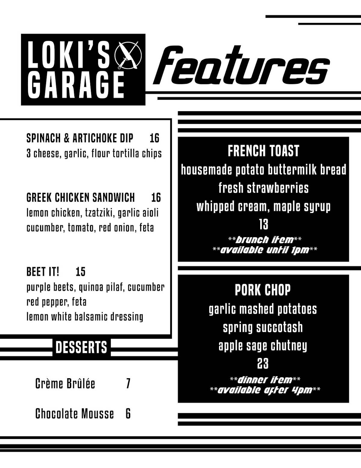 Menu at Loki's Garage restaurant, Penticton