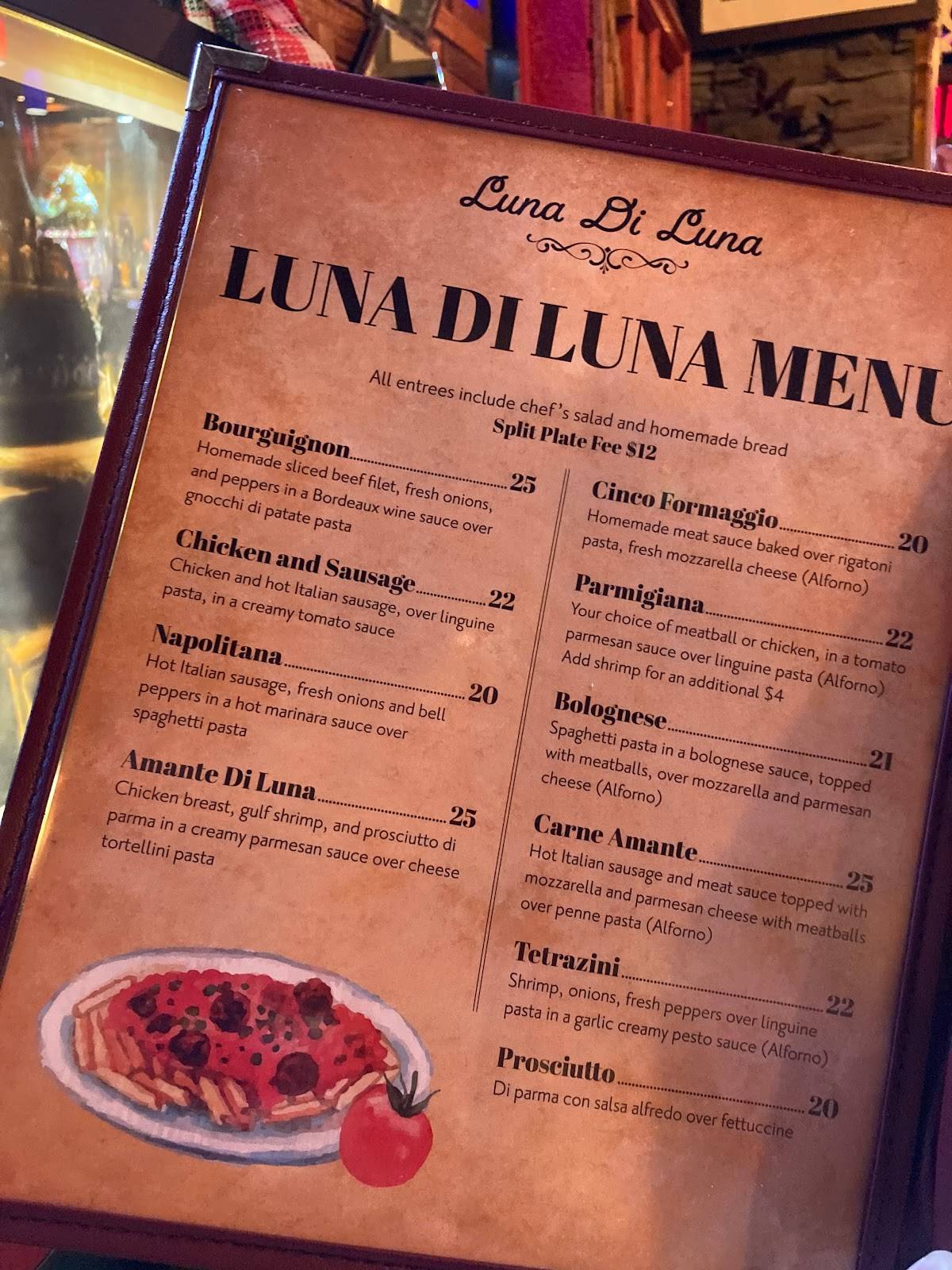 Menu at Luna Di Luna restaurant, Bloomington