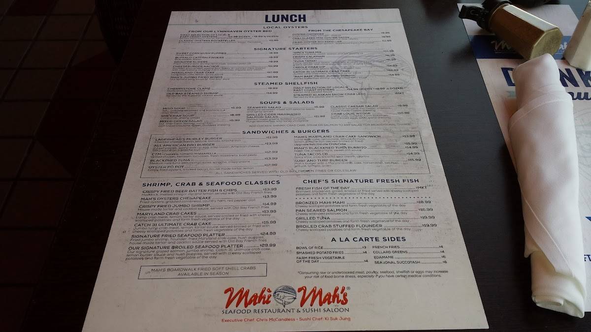 Menu at Mahi's restaurant, Virginia Beach