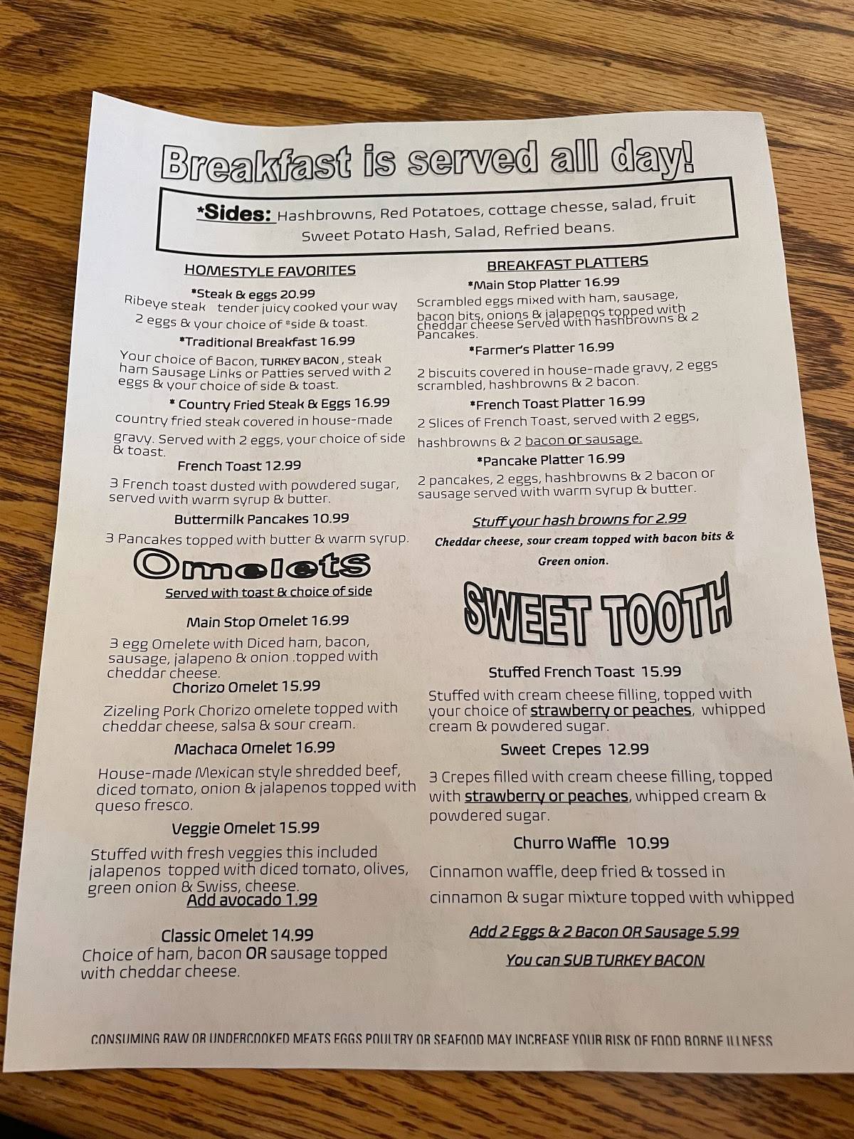 Menu at Main Stop on the Ave restaurant, Yakima
