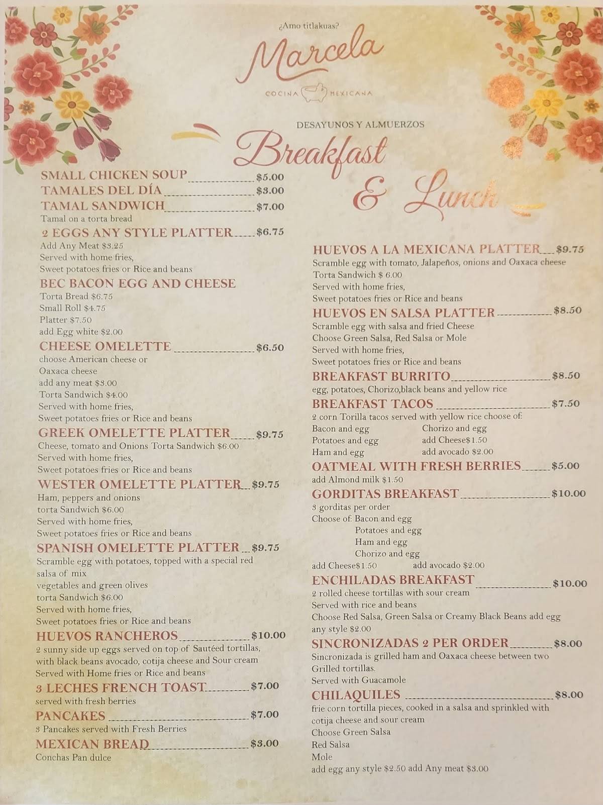 Carta del restaurante Marcela Cocina Mexicana, Nueva York