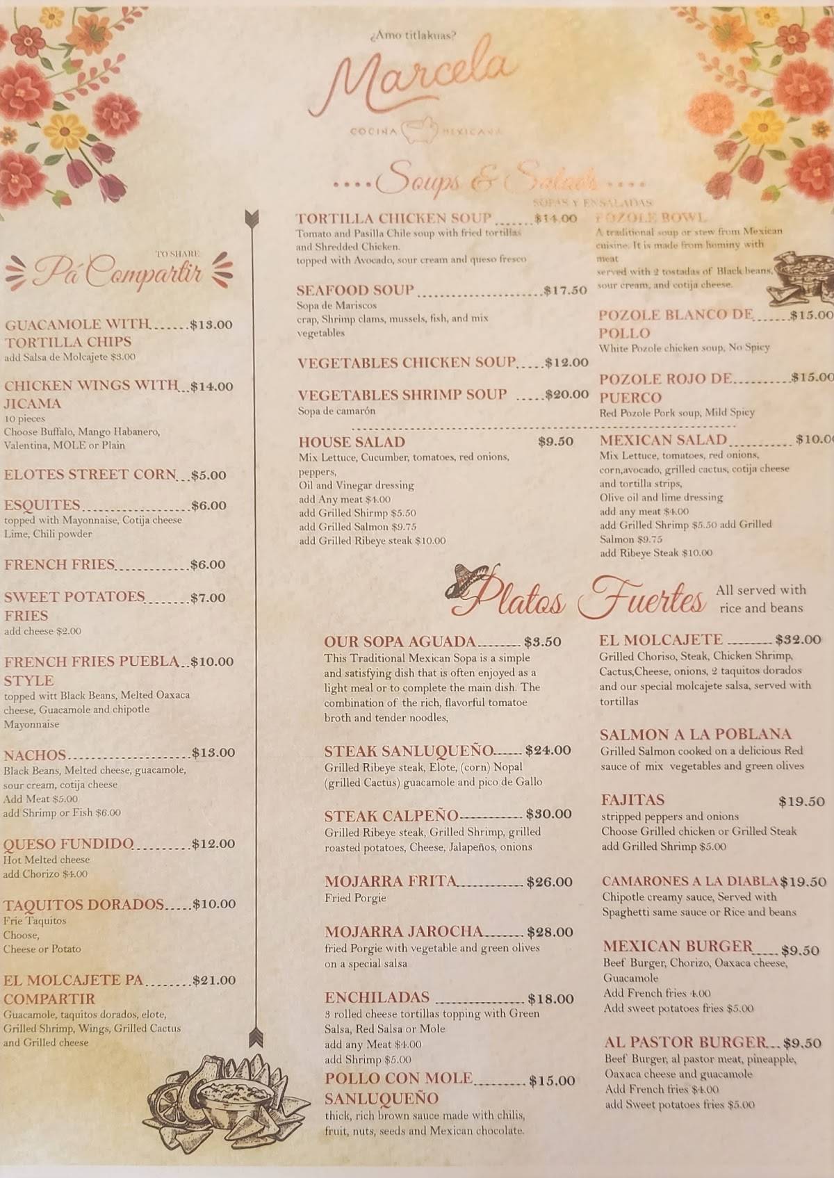 Carta del restaurante Marcela Cocina Mexicana, Nueva York