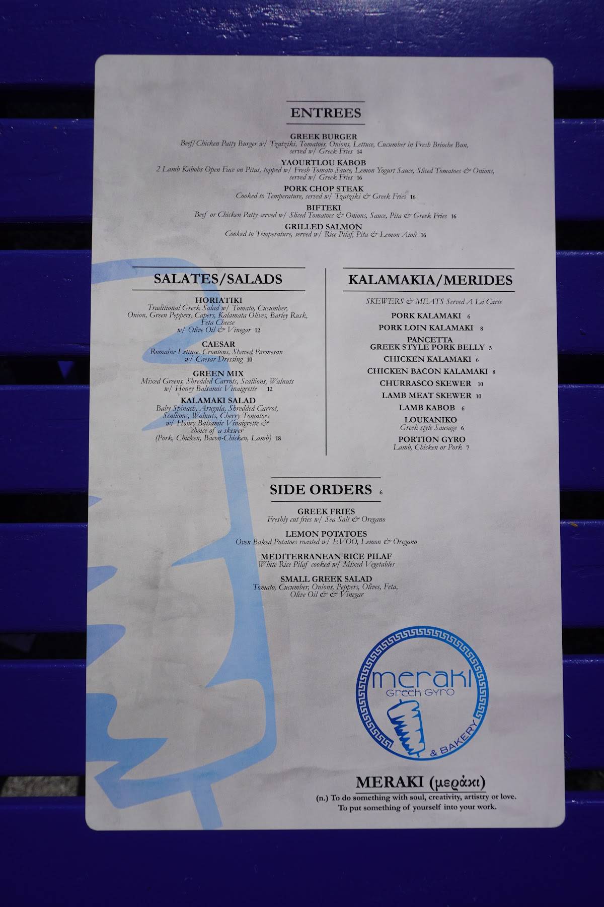 Carta de Meraki Gyro & Bakery, Miami Beach, 919 Alton Rd
